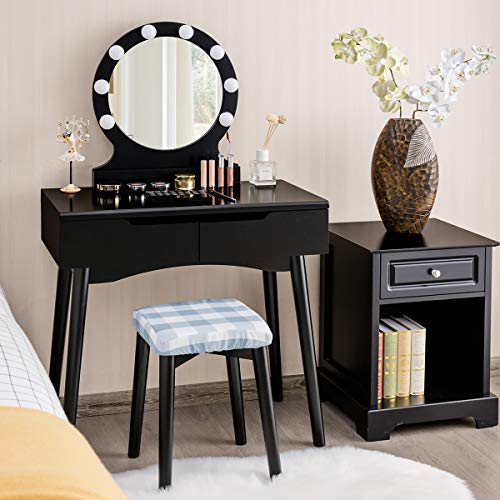 AUGESTER Vanity Set with 8 Lighted Bulbs Mirror, Makeup Dressing Table w/Replaceable and Adjustable Lights Cushioned Stool & 2 Sliding Drawers, Compact Makeup Table Chair for Bedroom (Black)