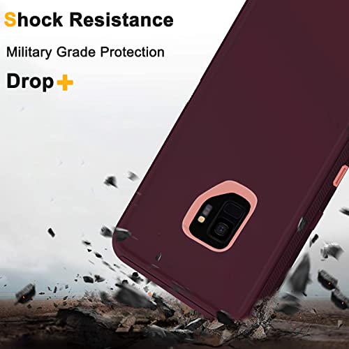 Annymall for Samsung Galaxy S9 Case with Screen Protector, Full Body Heavy Duty Shockproof Drop-Proof Phone Case Rugged Triple-Layer Defender Protective Cover for Samsung Galaxy S9 (Wine/Pink)