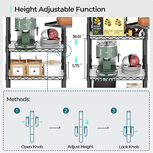 LINSY HOME 5-Tier Storage Shelves with 2 Rotatable Shelves, Height Adjustable Metal Pantry Shelves with 5 Hooks and Shelf Liners, Heavy Duty Metal Shelving, Wire Shelving for Kitchen, Bathroom -Dark