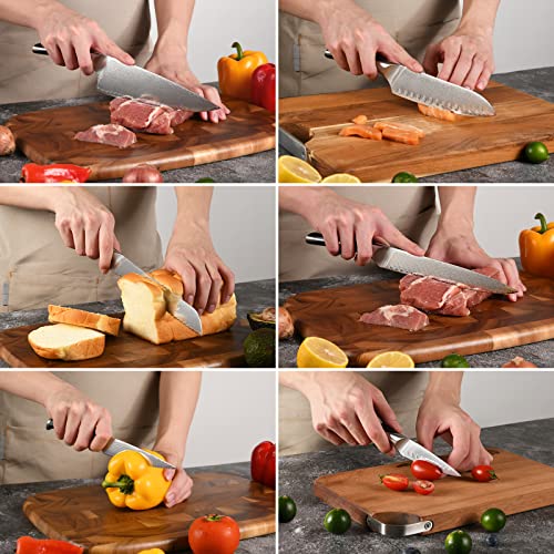 9 Pieces Damascus Kitchen Knife Set, Kitchen Knife Set with Block, ABS Ergonomic Handle for Chef Knife Set, Knife Sharpener and Kitchen Shears, Knife Block Set for Chopping, Slicing & Cutting