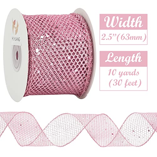 HUIHUANG Pink Glitter Wired Ribbon Web Mesh Ribbon Wired Metallic Sparkling Wire Edge Ribbon for Gift Wrapping Wreaths Making Christmas Tree Topper Bows Home Decor DIY Crafts -2.5" x 10 Yards
