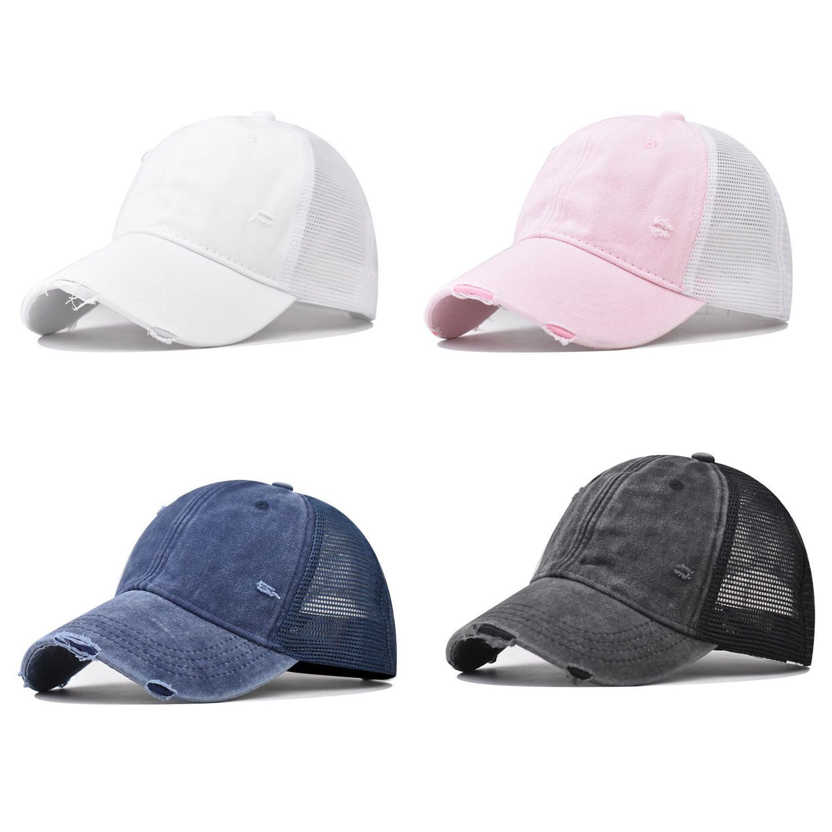 4 Pack Criss Cross Ponytail Hat Washed Distressed Women Mesh Baseball Caps Messy Bun Ponycaps
