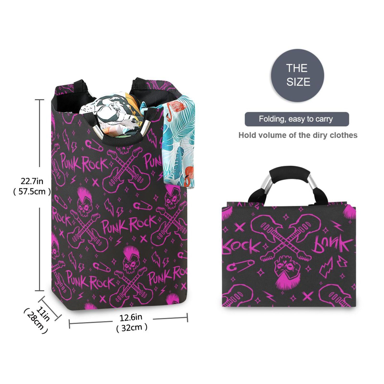 Music-punk-rock-print Laundry Basket With Handles Foldable Toys Storage Organizer For Home Bathroom Bedroom Dorm
