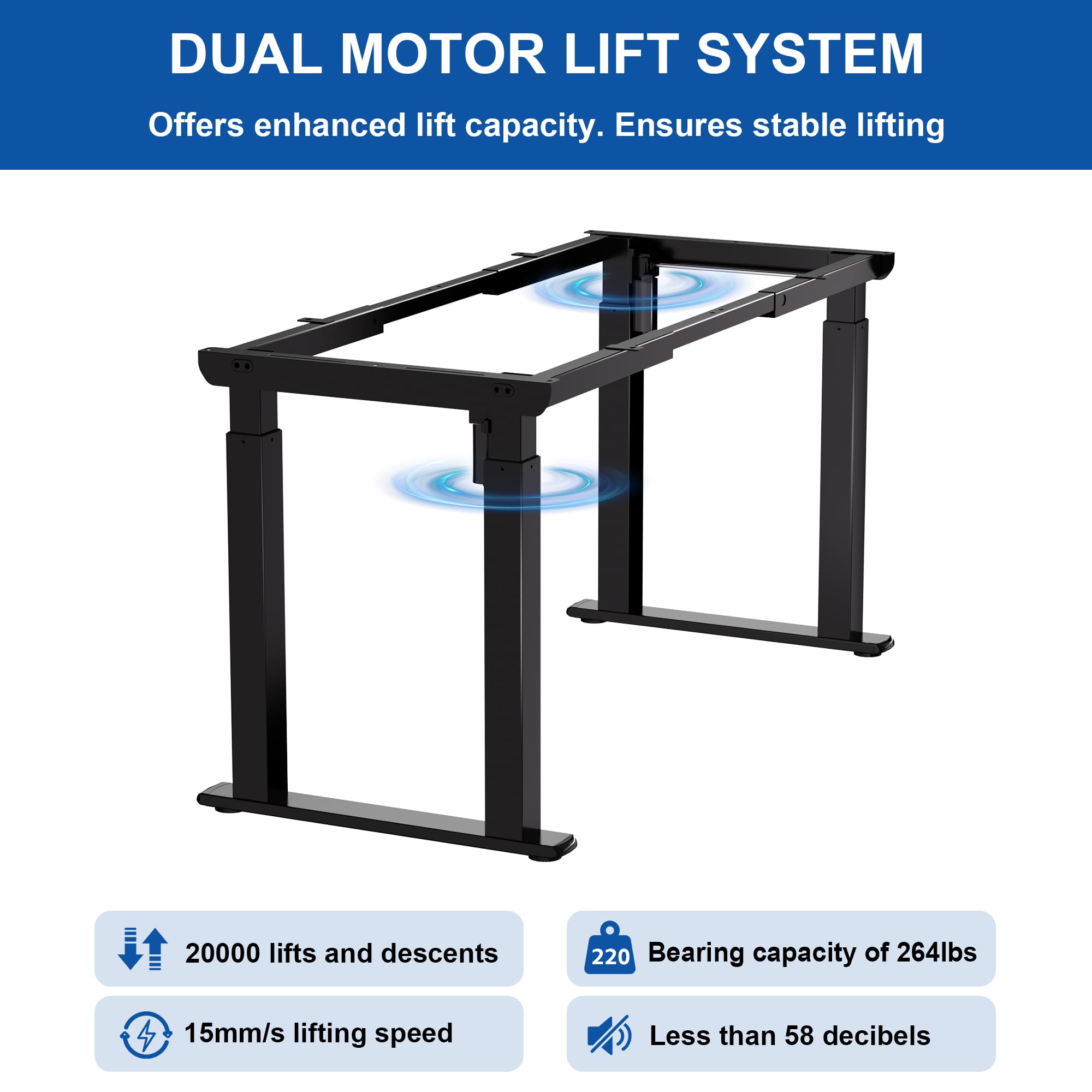 4-Leg Standing Desk Frame Dual Motor, Electric Adjustable Legs Compatible Desktop Size 39″-79″, 264 lbs Weight Capacity, Anti-collision Detection Stand Up Desk Frame Workstation, Black Frame Only