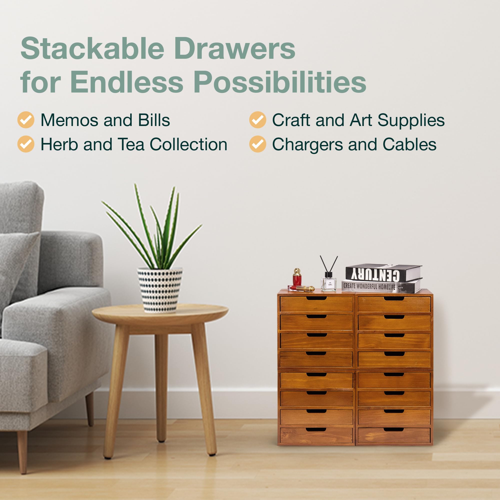 4-Pack 4 Drawer Desktop Storage Organizer in Modern Wood Design (20โx7โx 20โ) Stackable Drawers For School Office - Vanity Accessories Organizer - Countertop Organizer Drawer in Modern Mahogany Wood