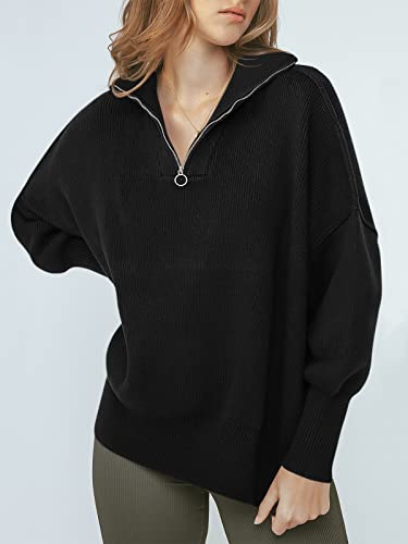 ANRABESS Women's 2023 Fall Oversized Sweater Quarter Zipper Long Sleeve Collar Drop Shoulder Half Zip Casual Slouchy Ribbed Knit Slit Side Sweatshirt Pullover Top 566heise-XS Black