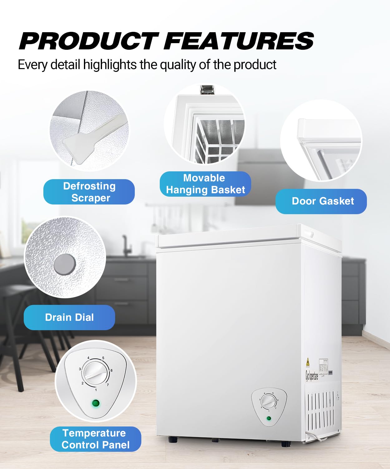 Deep Freezer, 5.0 cu.ft Free-Standing Chest Freezer with Removable Basket, 7-Step Temperature Control, Low Noise, Perfect for Home Kitchen and Garage (White)