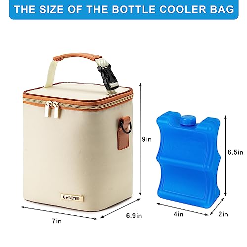 BABEYER Breast Milk Cooler Bag with Ice Pack Fits 4 Baby Bottles Up to 9 Ounce, Baby Bottle Bag with Shoulder Strap for Nursing Mom Daycare, Cream
