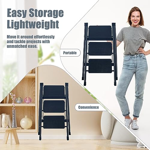 Ambikun Kitchen Step Ladder Black Thickened Manganese Steel 3 Foldable Step Stools for Adults and Children, Wide Step Stool-Up to 330 lbs Weight Capacity Great for Closet Access