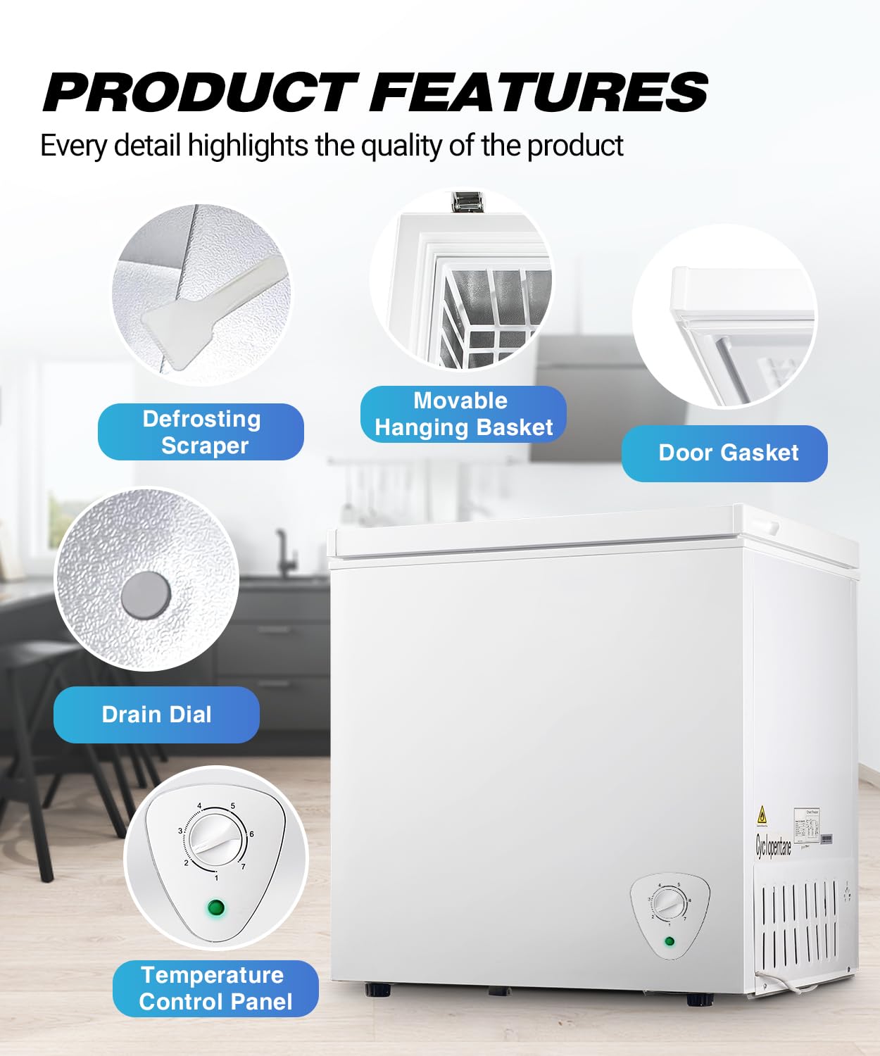 Chest Freezer 9.0 cu.ft Compact Freezer Top Door, White Deep Freezer Low Noise Manual defrost 7-grade Temperature Control with Removable Basket, Applicable to Kitchen Office Dorm