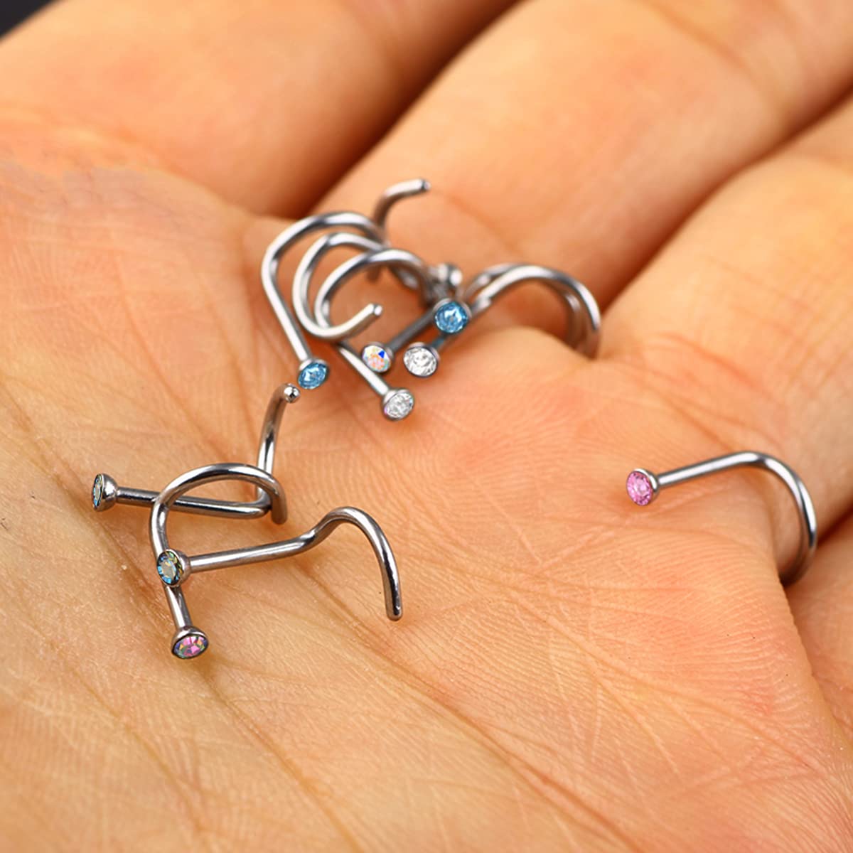 5pcs 18G 20G Small Twist Screw Shaped Titanium Nose Screw Studs 2mm Clear CZ Nose Ring for Women and Men | White/AQ/Pink/AB/VM Cubic Zircon Nose Piercing