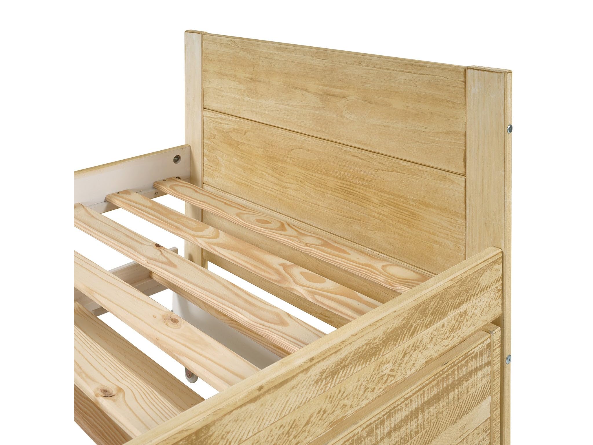 Bedz King All in One Twin Bed with Twin Trundle and 3 Built in Drawers, Weathered Honey