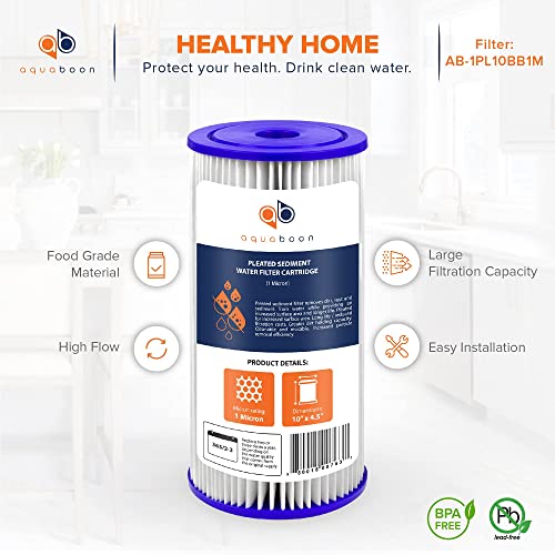 Aquaboon 1 Micron 10" x 4.5" Pleated Sediment Water Filter Replacement Cartridge | Whole House Sediment Filtration | Compatible with FM-BB-10-1, ECP1-BB, FM-BB-10-1A, HDC3001, WPC1FF975, 8-Pack