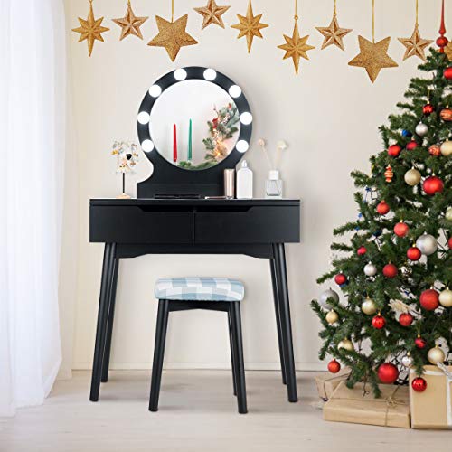 AUGESTER Vanity Set with 8 Lighted Bulbs Mirror, Makeup Dressing Table w/Replaceable and Adjustable Lights Cushioned Stool & 2 Sliding Drawers, Compact Makeup Table Chair for Bedroom Ā (Black)