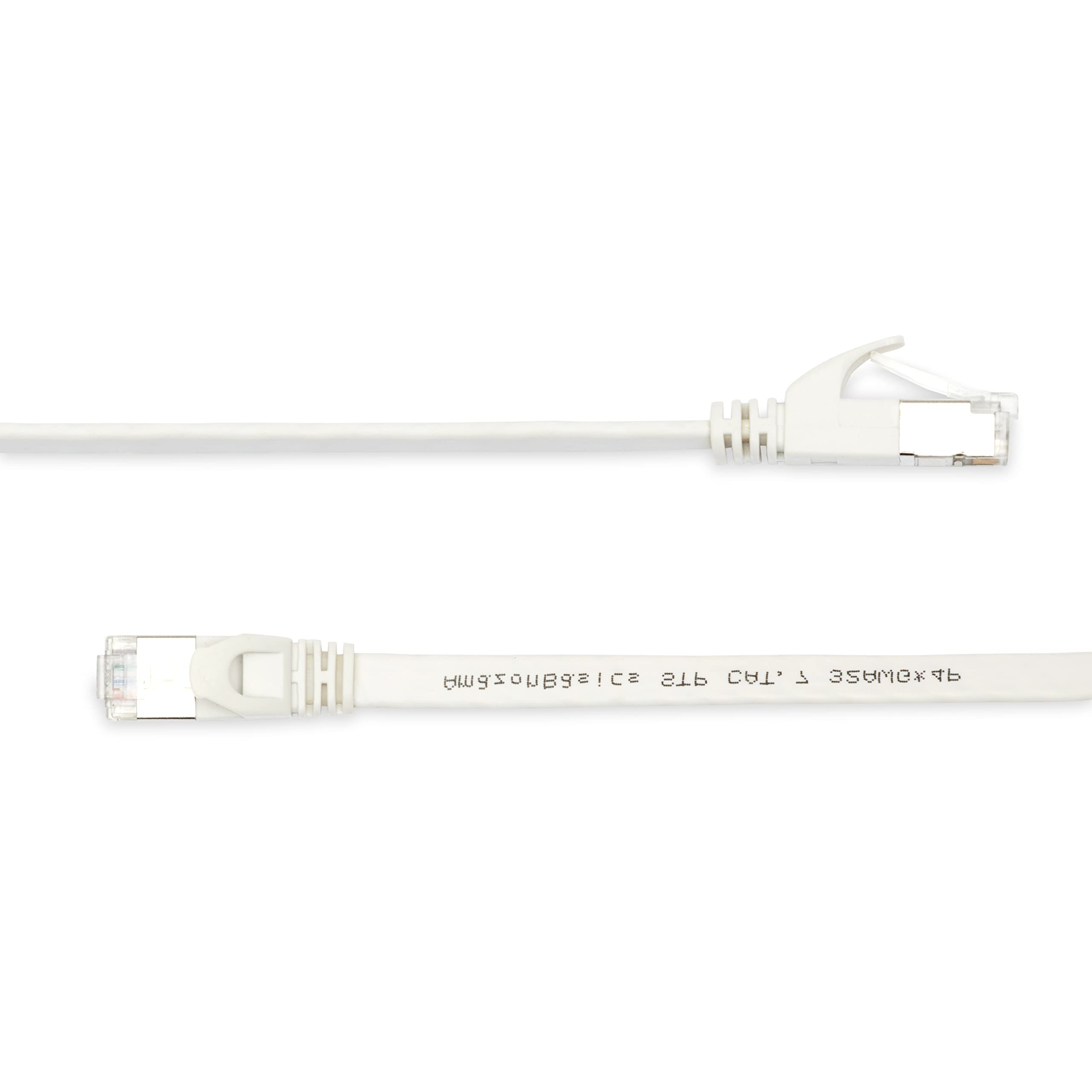 Amazon Basics RJ45 Cat 7 Ethernet Patch Cable, Flat, 600MHz, Snagless, Includes 15 Nails, 30 Foot, White
