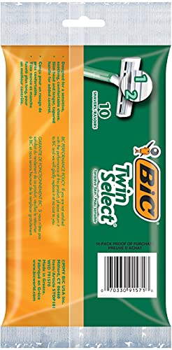 BIC Twin Select Disposable Razors; 2 Blades For a Smooth and Comfortable Shave; Sensitive Skin; Green Handle; 10 Piece Razor Set