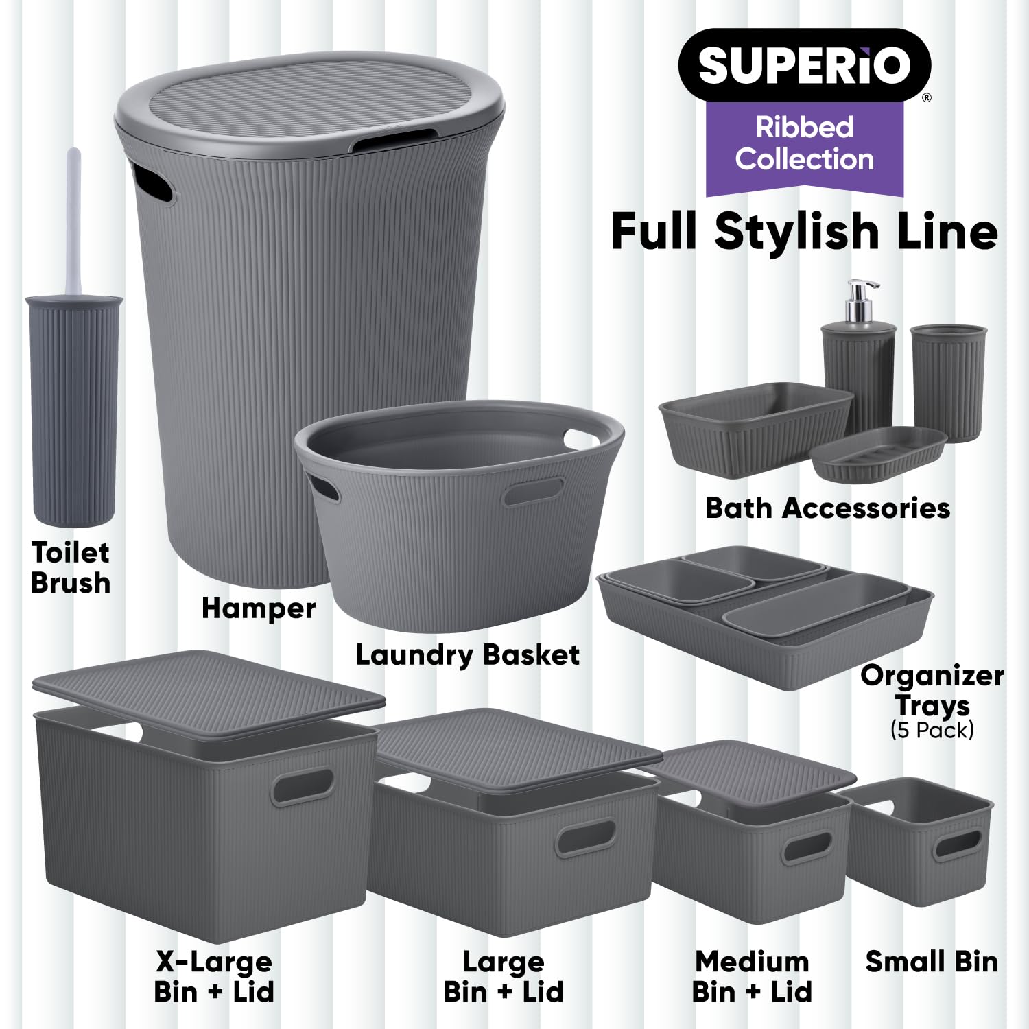 Superio Decorative Lidded Home Storage Bins, Plastic Organizer Baskets, Medium Grey (2 Pack - 5 Liter) Stackable Container Box, for Organizing Closet Shelves Drawer Shelf