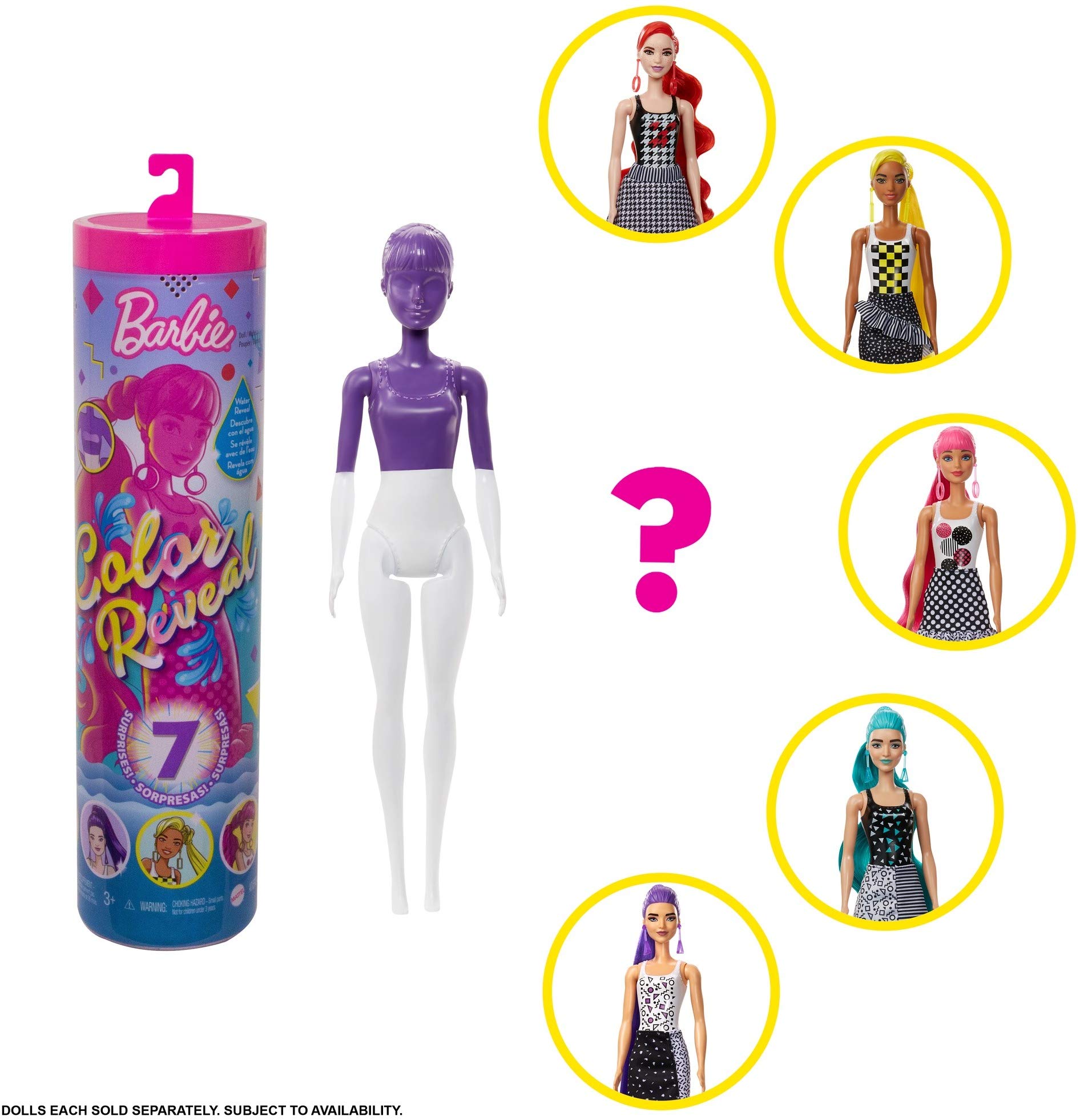 Barbie Color Reveal Doll & Accessories, Color-Block Series, 7 Surprises, 1 Barbie Doll (Styles May Vary)