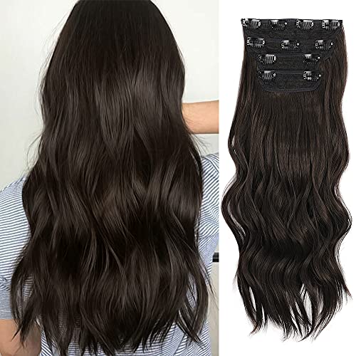 Sué Exquisite Dark Brown Hair Extensions Clip in Long Synthetic Hair Extensions 20 inches Thick Hairpieces for Women