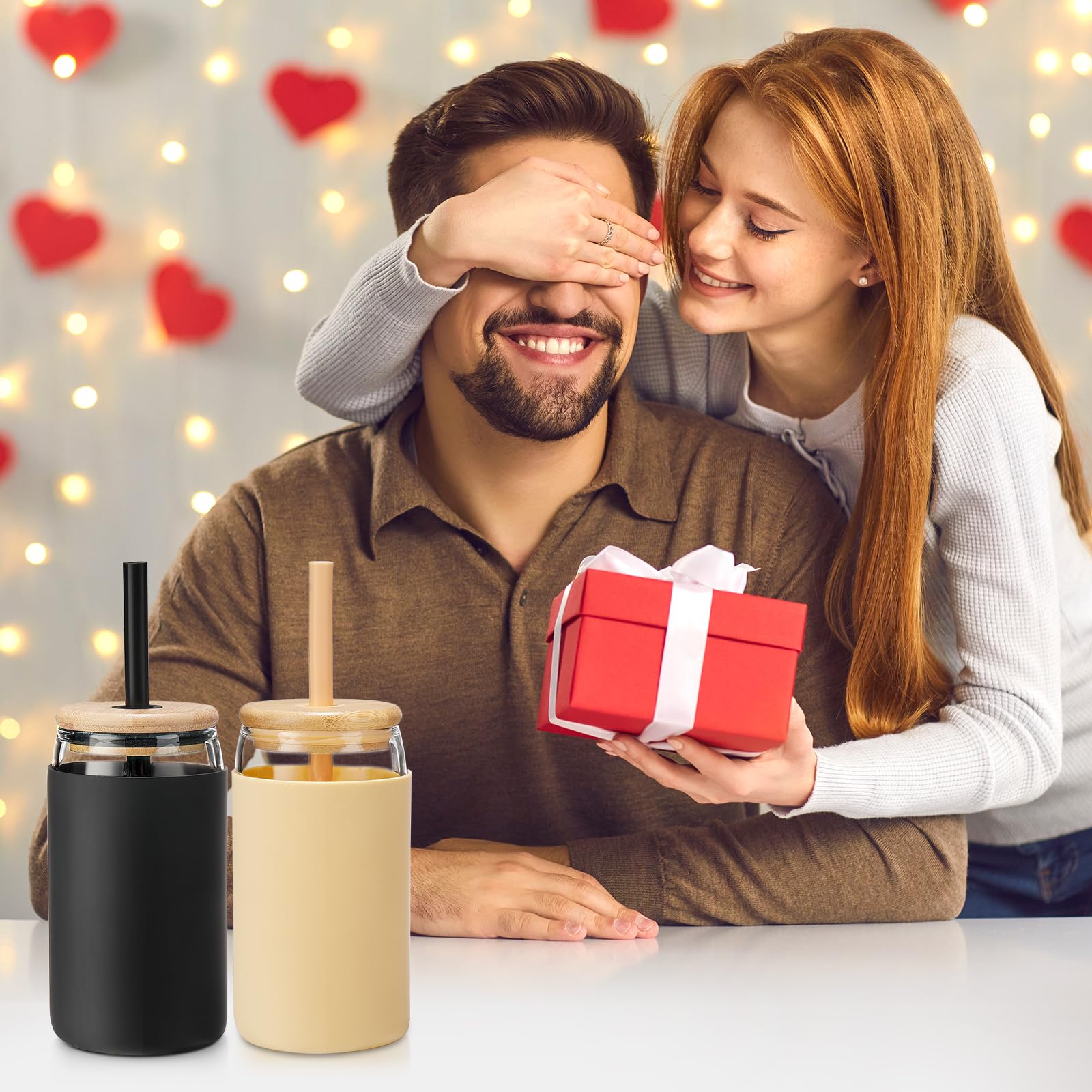 Glass Cups with Lids and Straws 2 pcs, Glass Cups with Silicone Protective Sleeve-16 oz Iced Coffee Cups with Lids,Glass Coffee Cups for Beer, Tea, Gift Giving