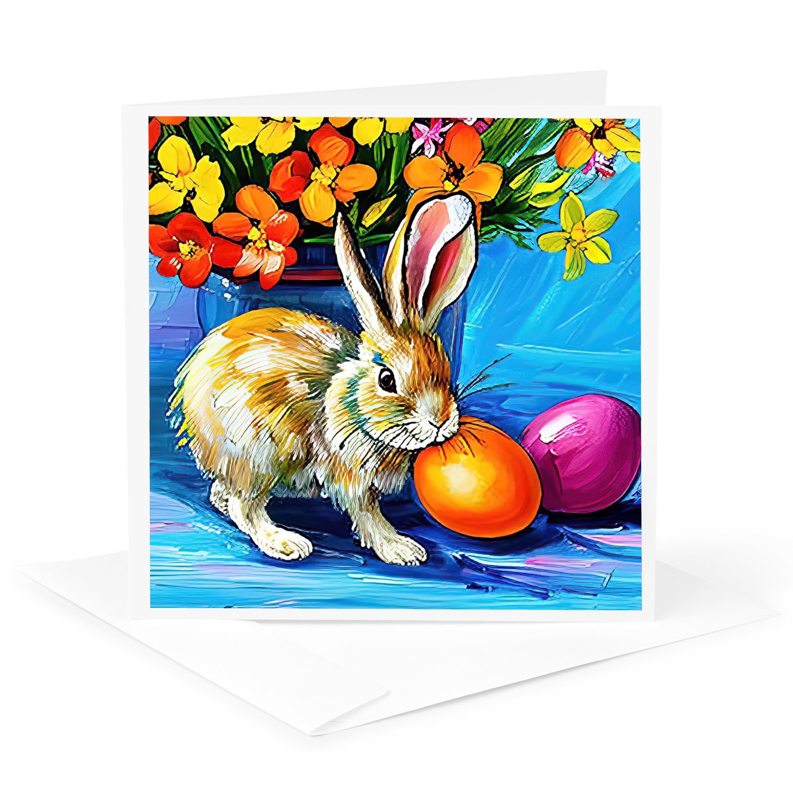 3dRose Greeting Card - Easter bunny, orange, purple eggs, a bunch of flowers in a blue bowl - Alexis Design - Holidays Easter