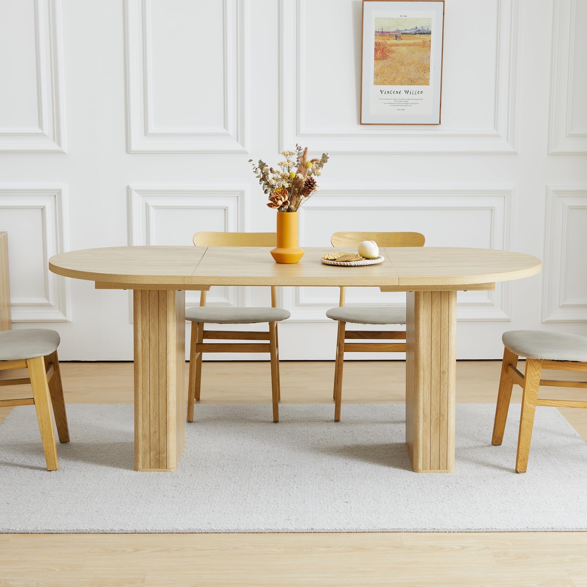 70.8 Inch Kitchen Dining Table for 6-8 People, Oval Kitchen Table with Wood Strip Base, Modern Farmhouse Large Round Dining Room Tables for Kitchen Living Room (Natural)