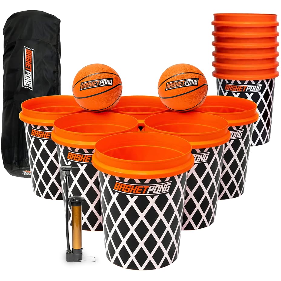 BasketPong Giant Yard Pong X Basket Ball Game with Durable Balls and Buckets Outdoor Game for Lawn, Backyard and Beach Set Includes 12 Buckets 2 Basket Balls Carrying Bag and Air Pump