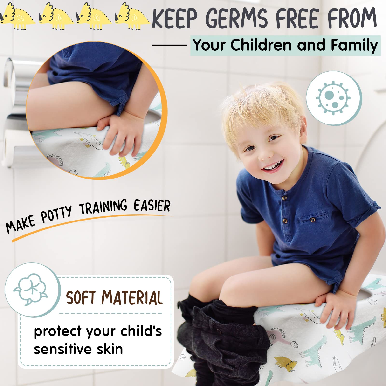 50 Pack Extra Large Toilet Seat Covers Disposable Waterproof Toddler Toilet Covers, Individually Wrapped Portable, Ideal for Kids and Adults, Potty Training in Restrooms (Delicate Dinosaur)