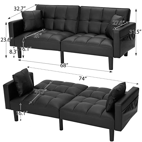 AVAWING Futon Sofa Bed, Modern Leather Convertible Sofa Bed Upholstered Sleeper Sofa Couch Bed with Adjustable Back, Arms and High Strength Nylon Legs for Living Room, Apartment, Office(Black)
