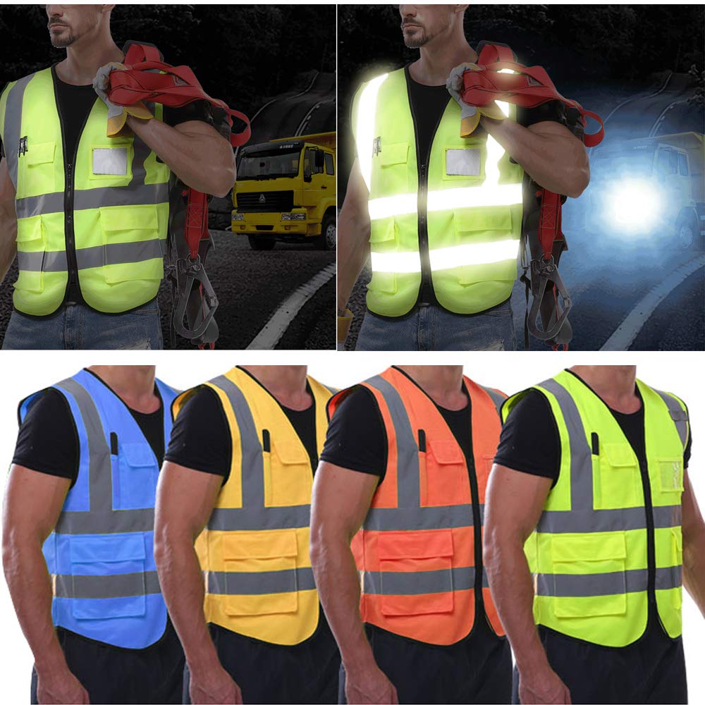 YOWESHOP High Visibility Safety Vest Custom Your Logo Protective Workwear 5 Pockets With Reflective Strips Outdoor Work Vest (Neon Yellow (L))