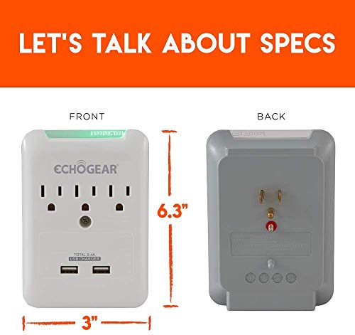 ECHOGEAR Outlet Extender Multiplug with 3 AC Outlets & 2 USB Ports β Low Profile Design Sits Just 1.1" from Wall - Protects Your Gear with 540 Joules of Surge Protection