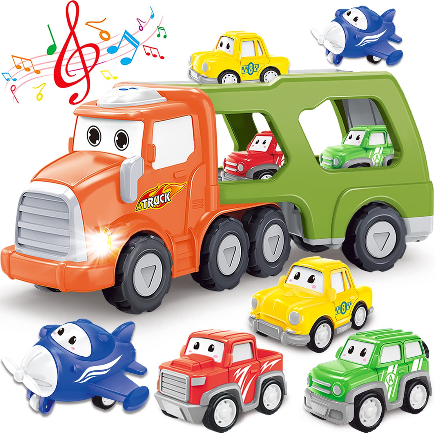 VESIHOLO Toy Trucks, Toddler Toys Car for Boys and Girls, Toys for 3 4 5 6 Year Old, 5-in-1 Push Back Toy Vehicle, Toy Trucks, Car Trucks with Light Sound for Kids, Birthday Gift Toys