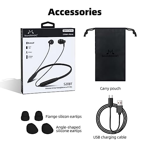 SoundMAGIC S20BT Neckband Bluetooth Headphones Wireless Earphones HiFi Stereo in Ear Headset with Microphone Lightweight Sports Earbuds Long Playtime Stable Connection Black