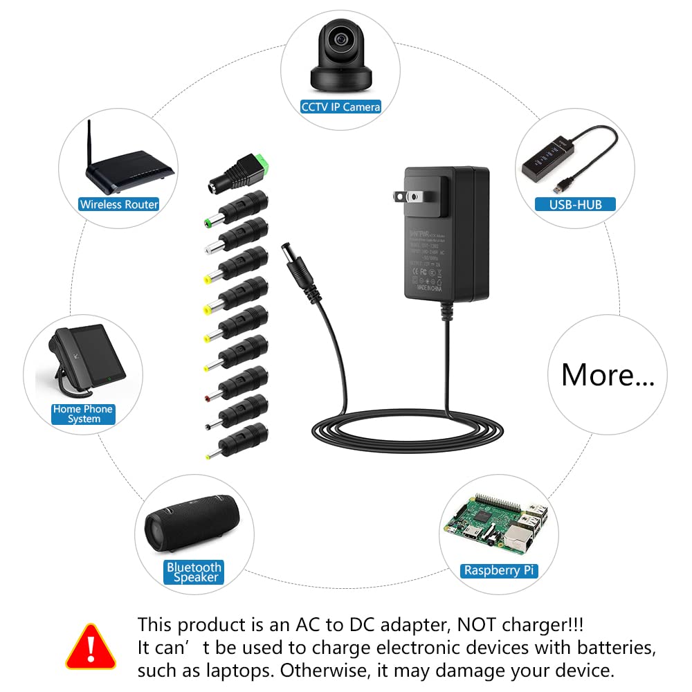 SHNITPWR 12V 2A 24W Power Supply Adapter 100V~240V AC to DC Converter 12V 2A 1.8A 1.5A 1.2A Universal Transformer W/ 10 Tips 5.5x2.1 5.5x2.5 5.5x3.0 6.3x3.0 4.8x1.7 4.0x1.7 3.5x1.35