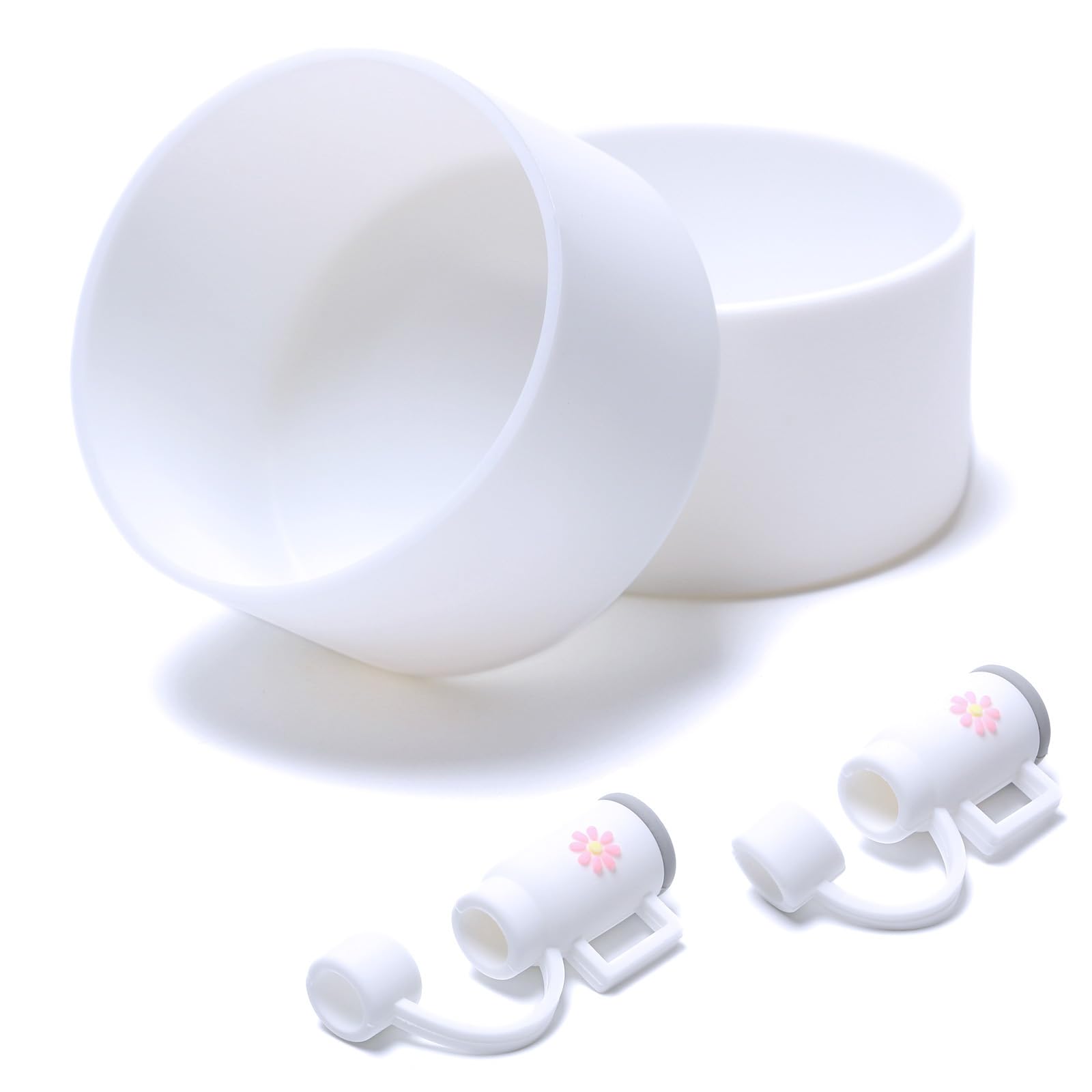 2Pcs Silicone Boots and 2Pcs Silicone Straw Toppers for Stanley Cup Accessories, Reusable Water Bottle Bottom Sleeves Protector, White