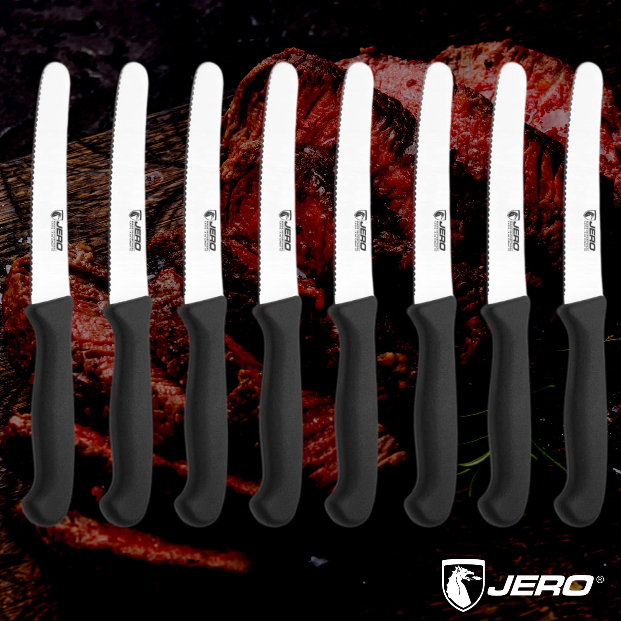 Jero 8-Piece Steak Knife Set For Home, Grilling Or Restaurant Use - Serrated Edge With Round Tip - Works On Vegetables, Fruit And Bread