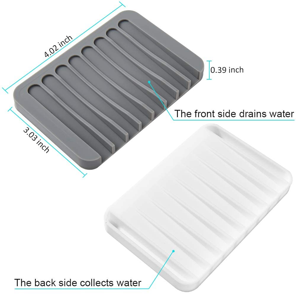 2PCS Soap Dish Holder, Premium Silicone Soap Dishes for Shower Bathroom Kitchen Sinks, Soap Tray Saver Drainer, Self-draining Waterfall, Non-Slip Design, Easy Cleaning (White, Gray)