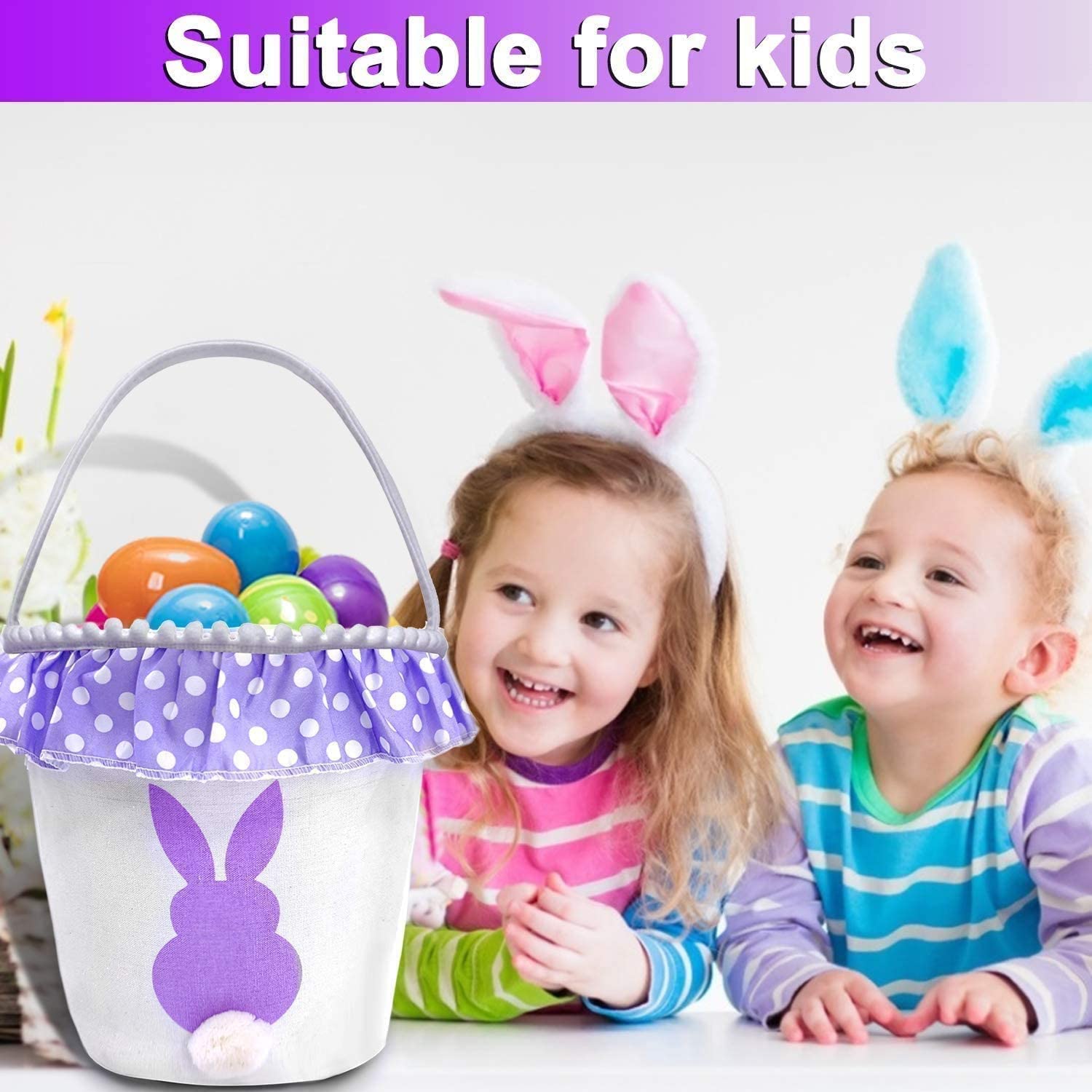 TOPLEE 3PCS Easter Baskets for Kids Canvas Bunny Basket Egg Bags Rabbit Fluffy Tails Eggs Hunt Bucket Easter Basket Stuffers for Girls Toddlers Easter Gifts Toys