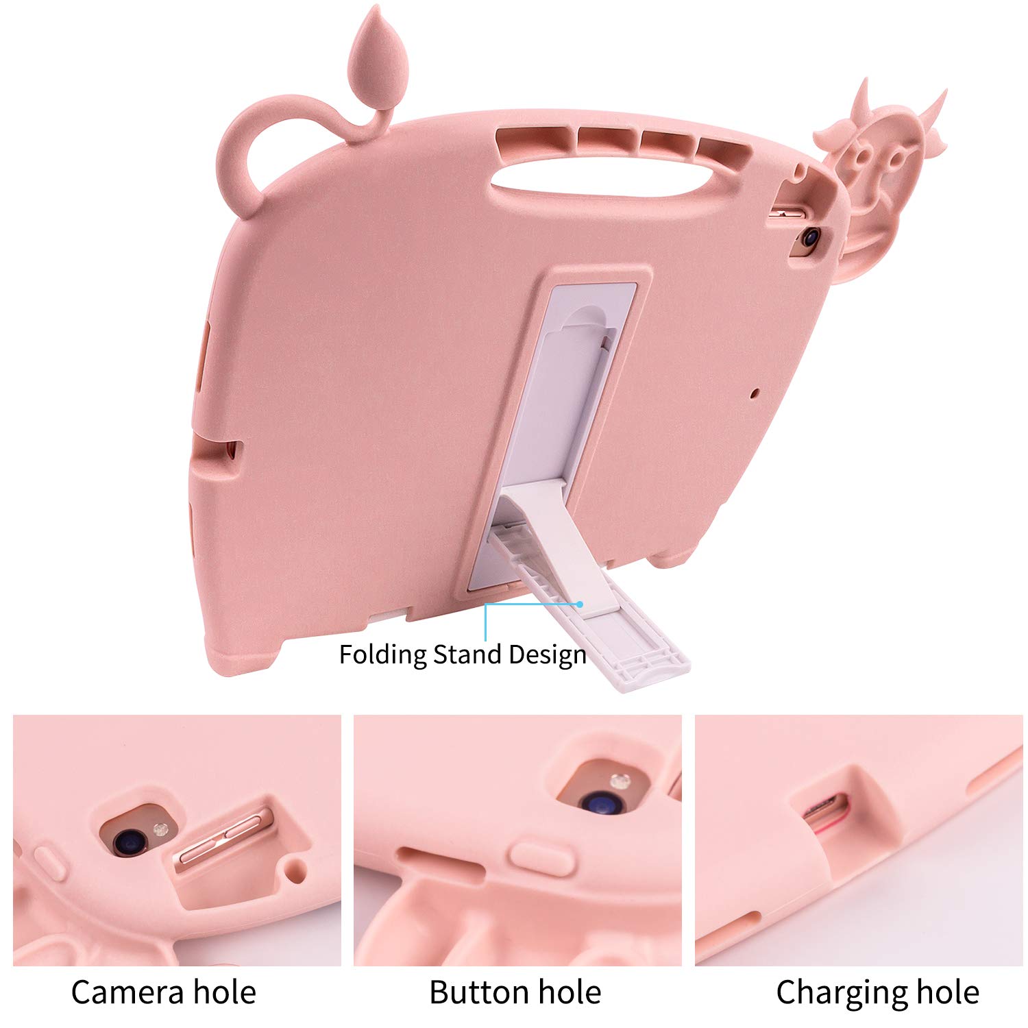 Kids Case for New iPad 9th/8th/7th Generation, iPad 10.2 2021 2020 2019 Case, CHIN FAI Cute Cow Slim Lightweight Shockproof Silicone Handle Stand Protective Cover for iPad 10.2/10.5 Inch (Pink)