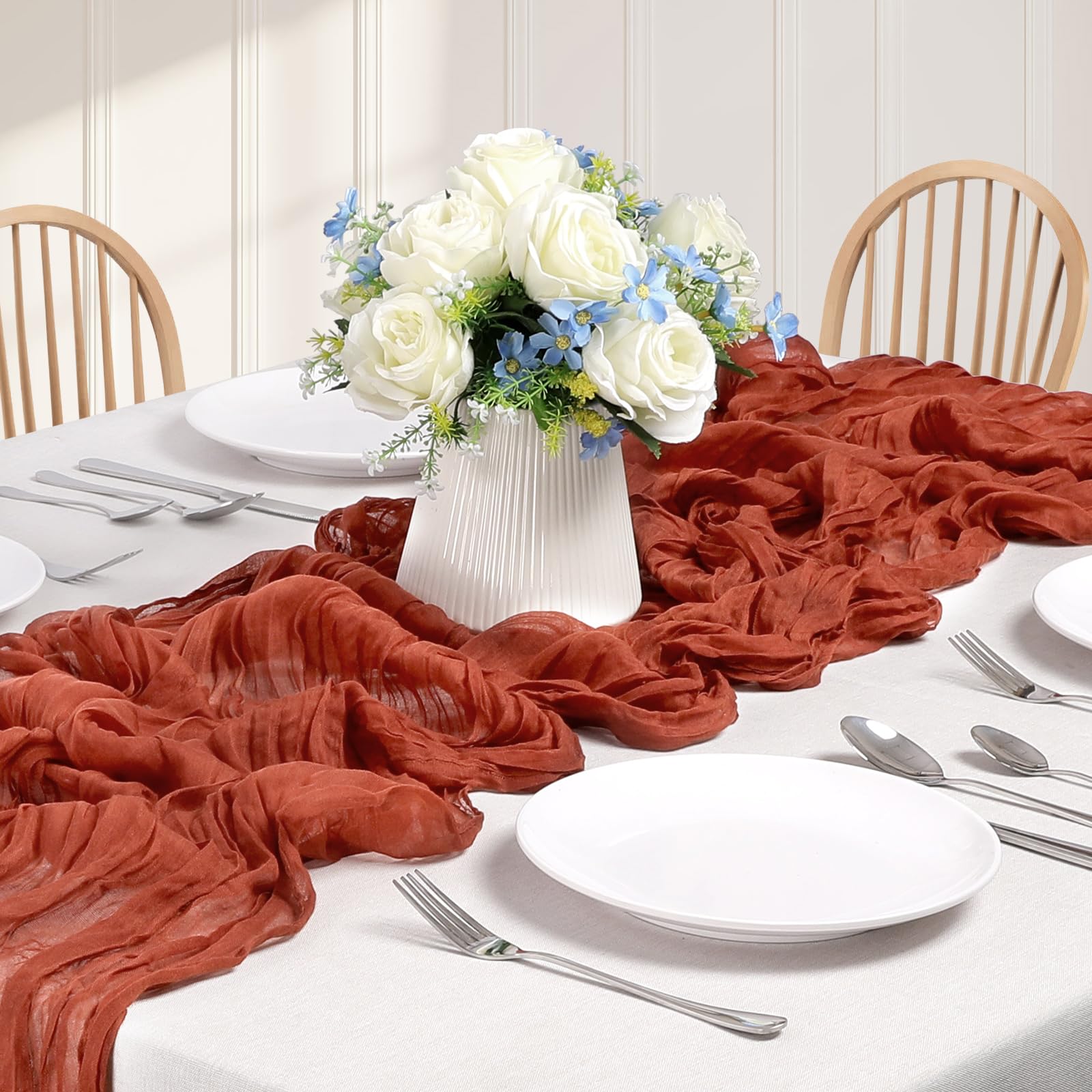 6 Pack 10Ft Cheesecloth Table Runner 35x120 Inch Boho Gauze Rustic Sheer Terracotta Cheese Cloth Table Runner for Wedding Bridal Baby Shower Holiday Party Table Decoration
