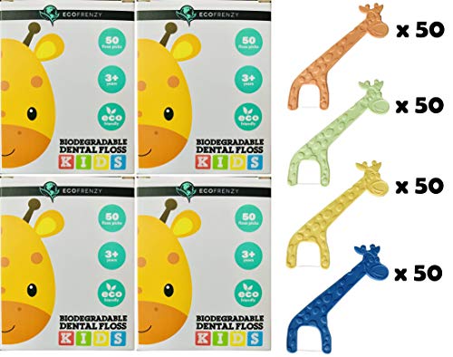 EcoFrenzy Kids Floss Picks 200 COUNT (4 packs of 50 Flossers) - BIODEGRADABLE Cornstarch - Strawberry Flavored