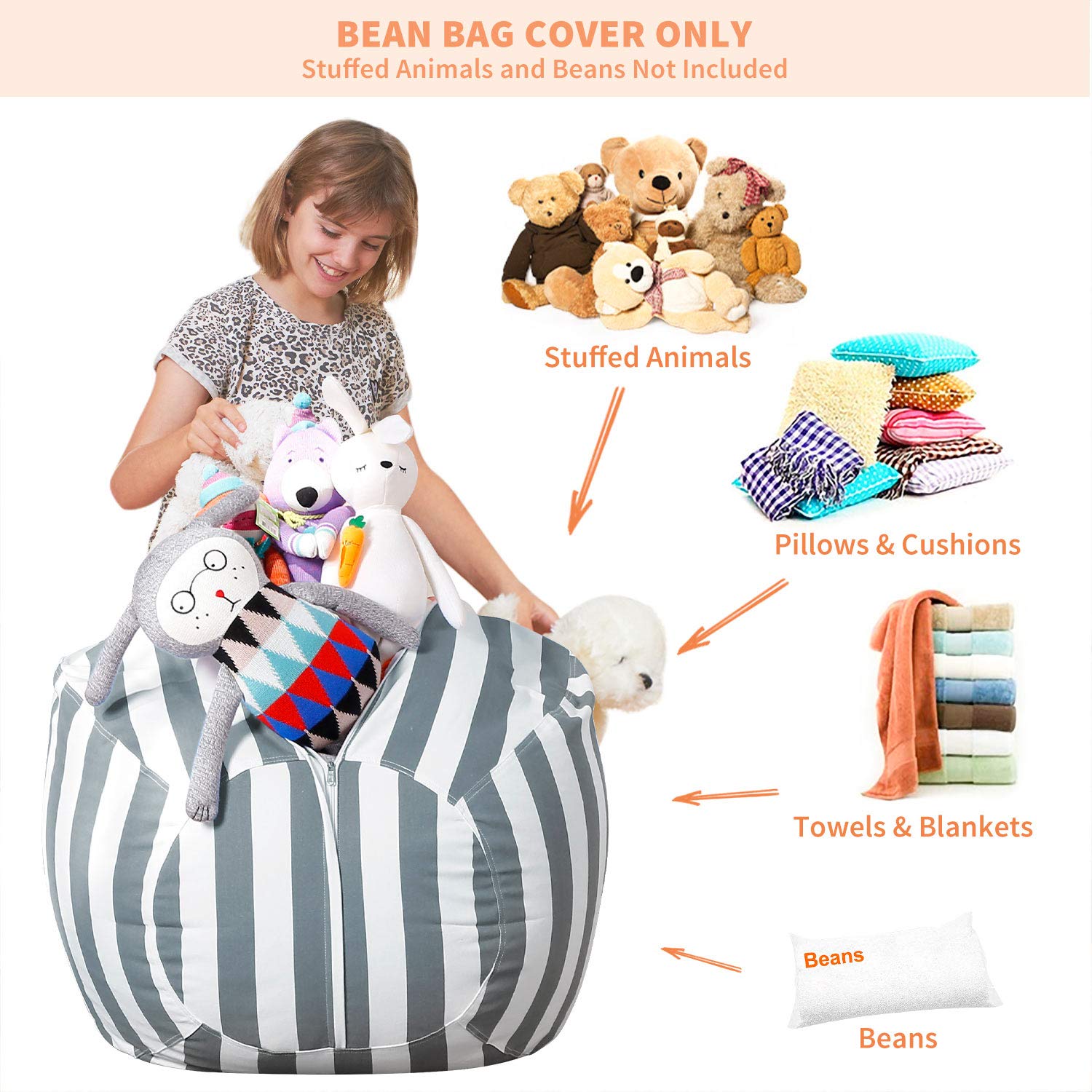 Aubliss Stuffed Animal Bean Bag Storage Chair, Beanbag Covers Only for Organizing Plush Toys, Turns into Bean Bag Seat for Kids When Filled, Medium 32"-Canvas Stripes Grey/White