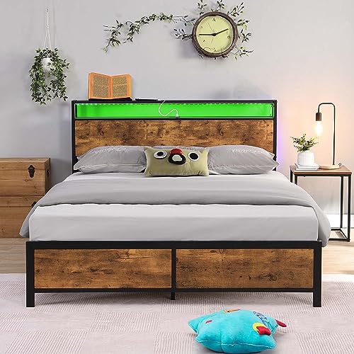Anwick Metal Full Bed Frame with Storage Headboard and 2 USB Ports,Industrial Bed Frame Full Size with LED Lights and Underneath Storage,Noise Free, No Box Spring Needed(Full)