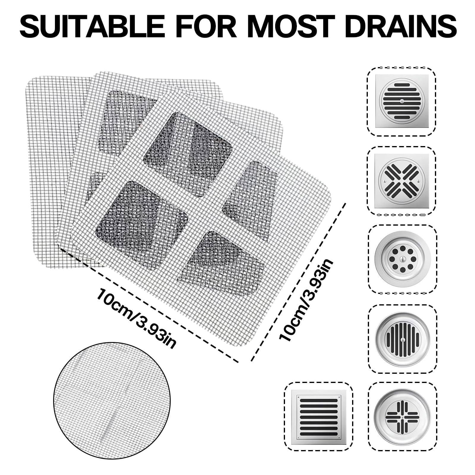 4" X 4" Disposable Shower Drain Cover Hair Catcher Shower Drain Mesh Stickers for Bathroom, Laundry, Bathtub, Kitchen, Sink, Easy to Clean, Can Catch Human and pet Hair (30 PCS)
