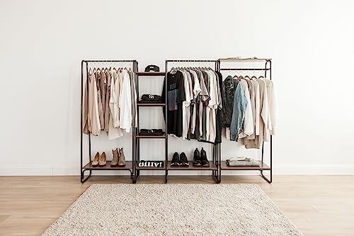 IRIS USA, Inc. Clothing Rack, Clothes Rack with 2 Wood Shelves, Freestanding Clothing Rack, Easy to Assemble Garment Rack, Standing Metal Sturdy Clothing Rack, Small Space Storage Solution, Black