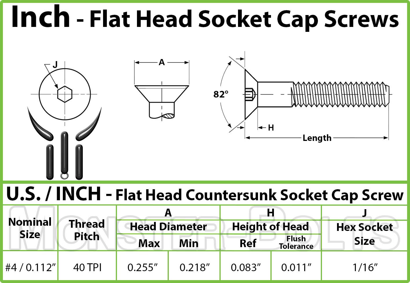 MonsterBolts - #4-40 x 5/16" Flat Head Socket Cap Screws, ASTM F8356, Alloy Steel, Black Oxide, 10 Pack
