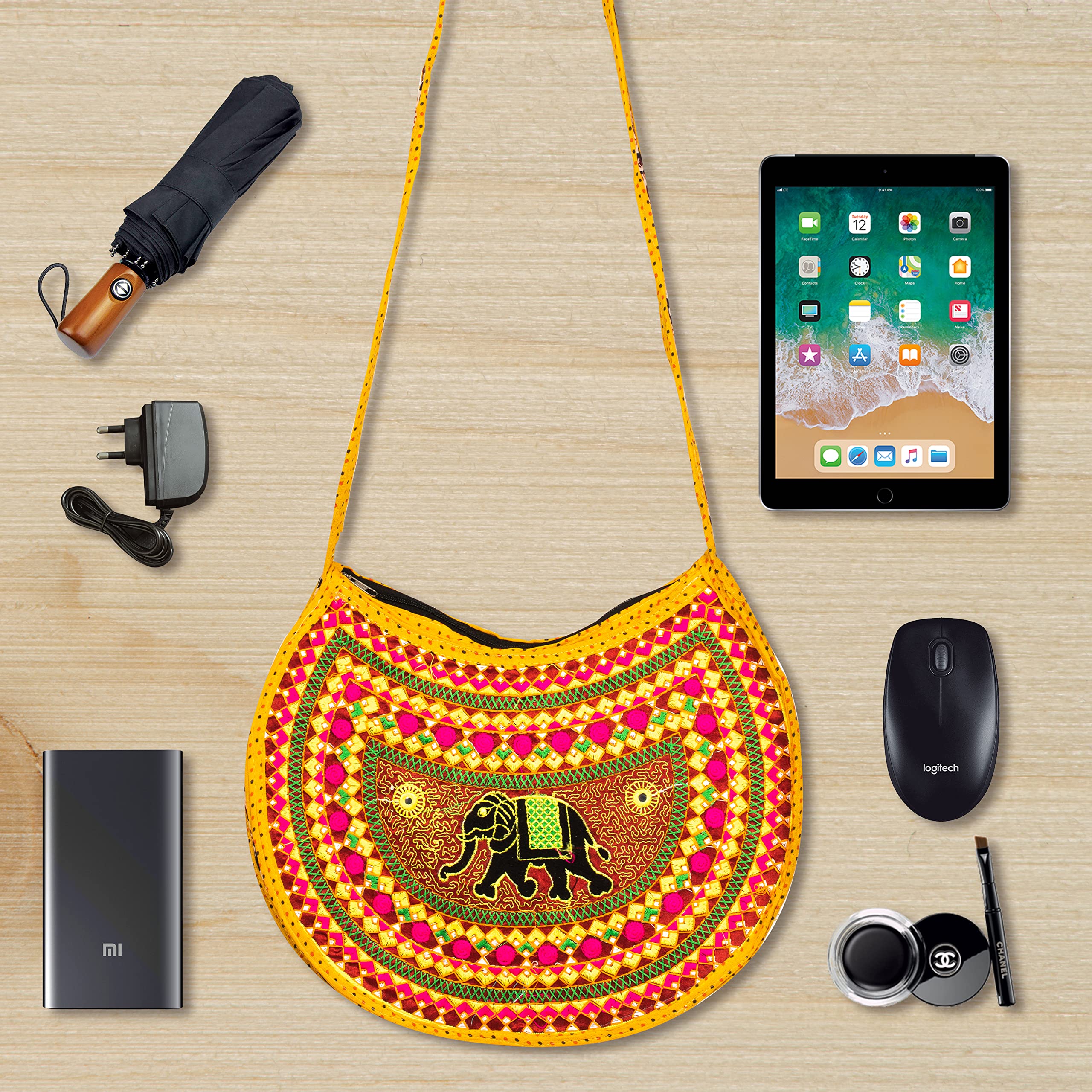 North Creed Crossbody Elephant Flora Embroidery Shoulder Bag, Indian Ethnic Travel Handbag with Zipper Pocket- Yellow