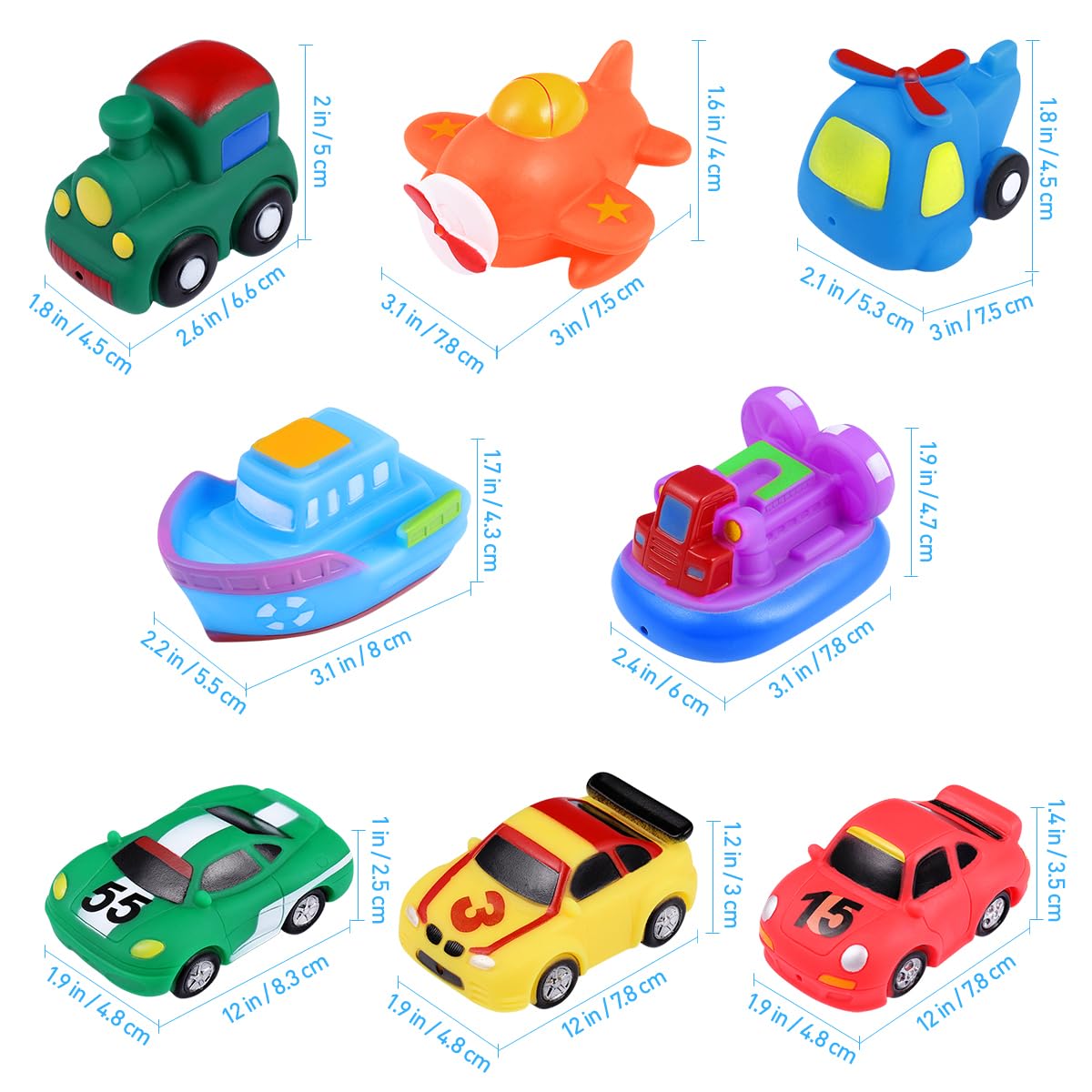 Bath Swimming Toys,8 Assorted Mini Pool Toys 3 Racing Car + Train + Boat + Hovercraft + Helicopter + Fighter