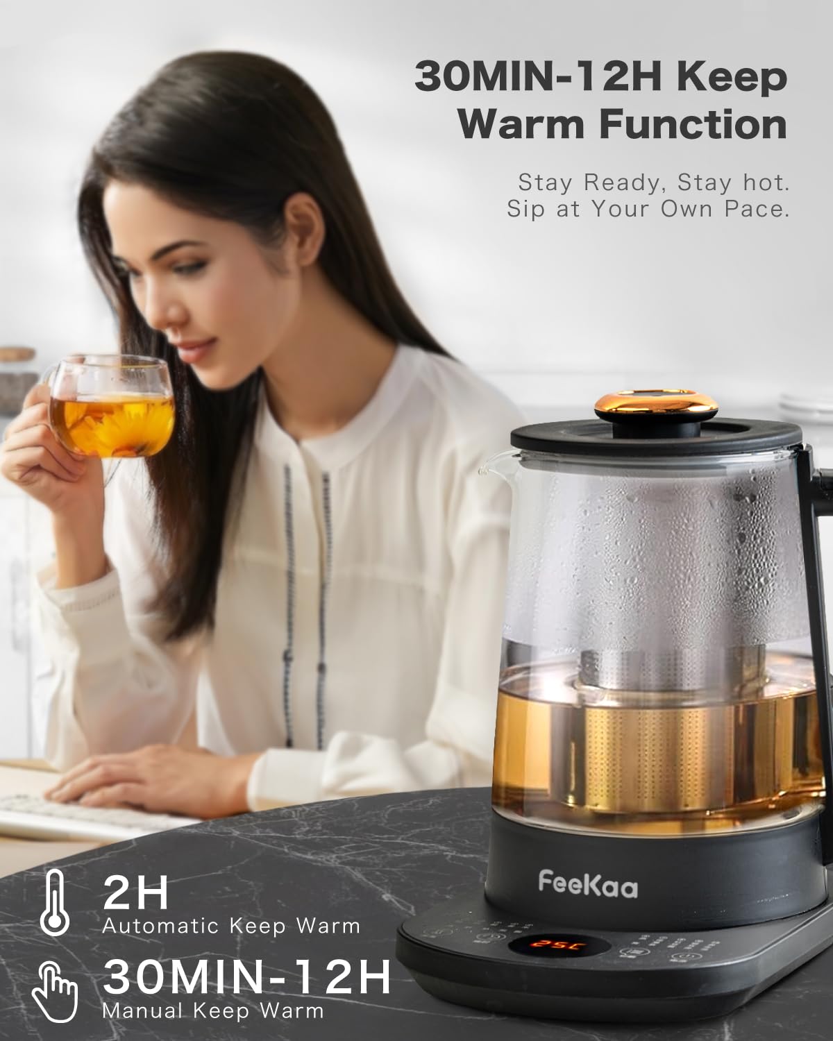 Feekaa Electric Tea Kettle, Tea Pot with Removable Infuser for Loose Leaf Tea, Tea Maker with Time &Temperature Control, Glass Health Pot, 10 Menus Tea/Coffee/Milk/Yogurt, 1.5L, Black