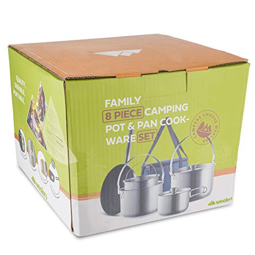 Camping Cookware Set 304 Stainless Steel 8-Piece Pots & Pans Open Fire Cooking Kit | Frying Pan Steamer with Travel Tote Bag | Compact For Outdoors & Indoors Kitchen Family Campfire Hiking RV